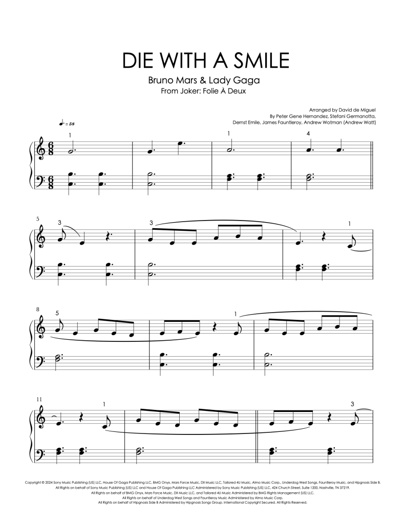 Die With a Smile – Bruno Mars & Lady Gaga | Partitura Piano Fácil