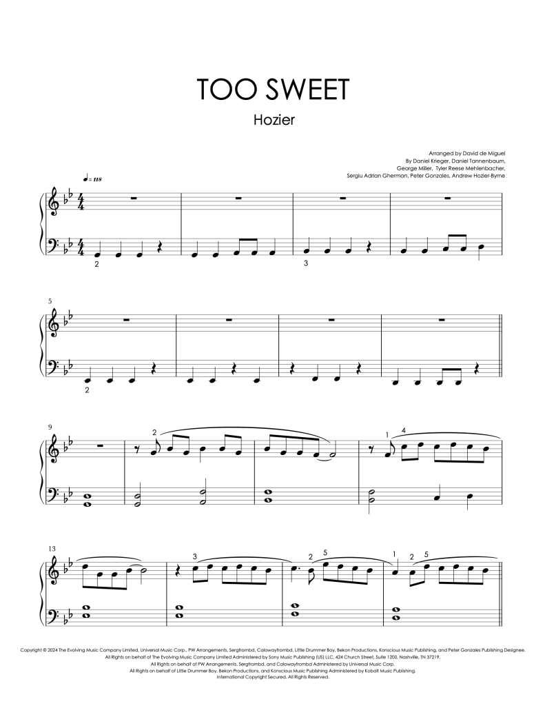 Too Sweet – Hozier | Partitura para Piano en Nivel Fácil, Intermedio y ...