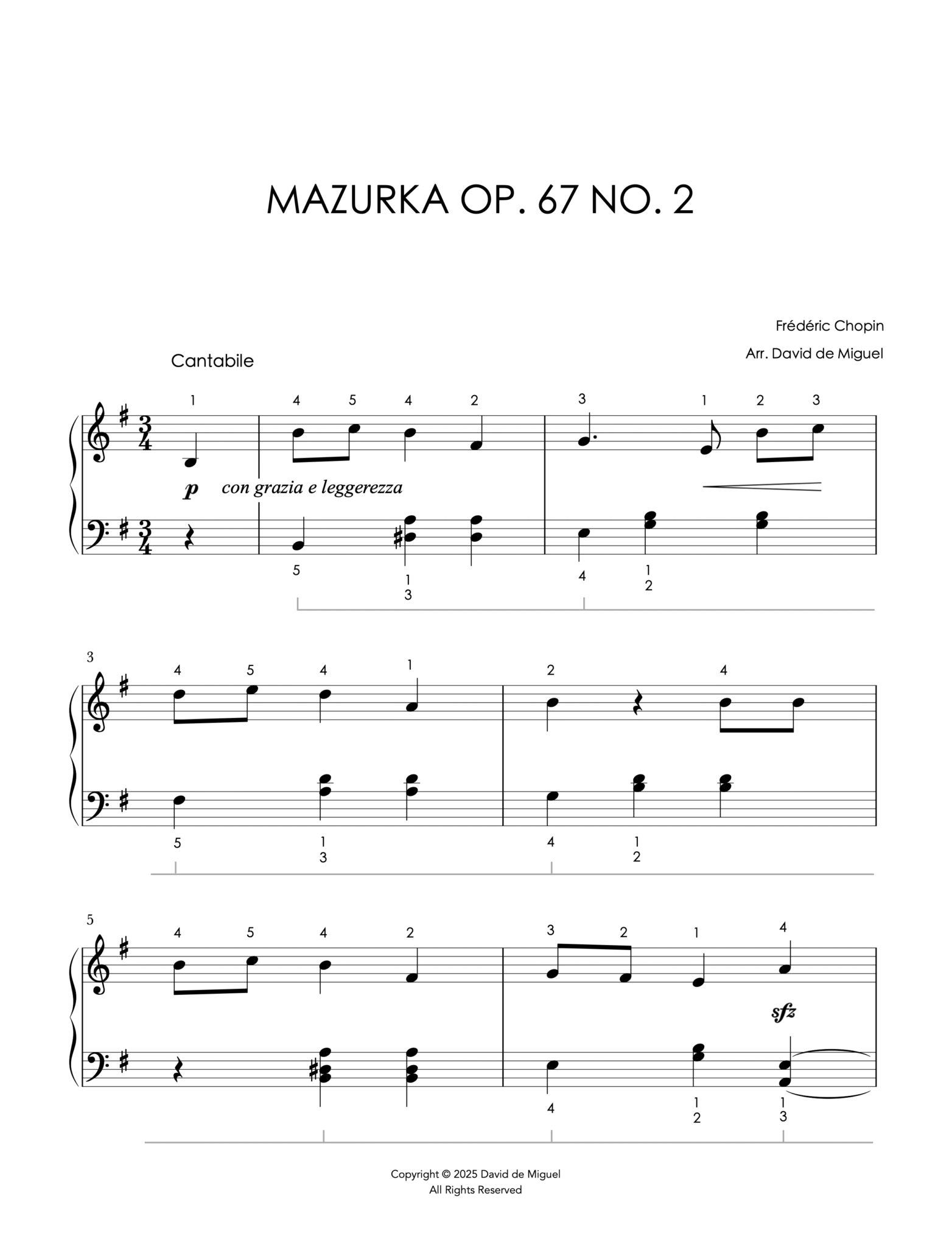 Mazurka Op. 67 No. 2 de Chopin – Partitura para piano fácil
